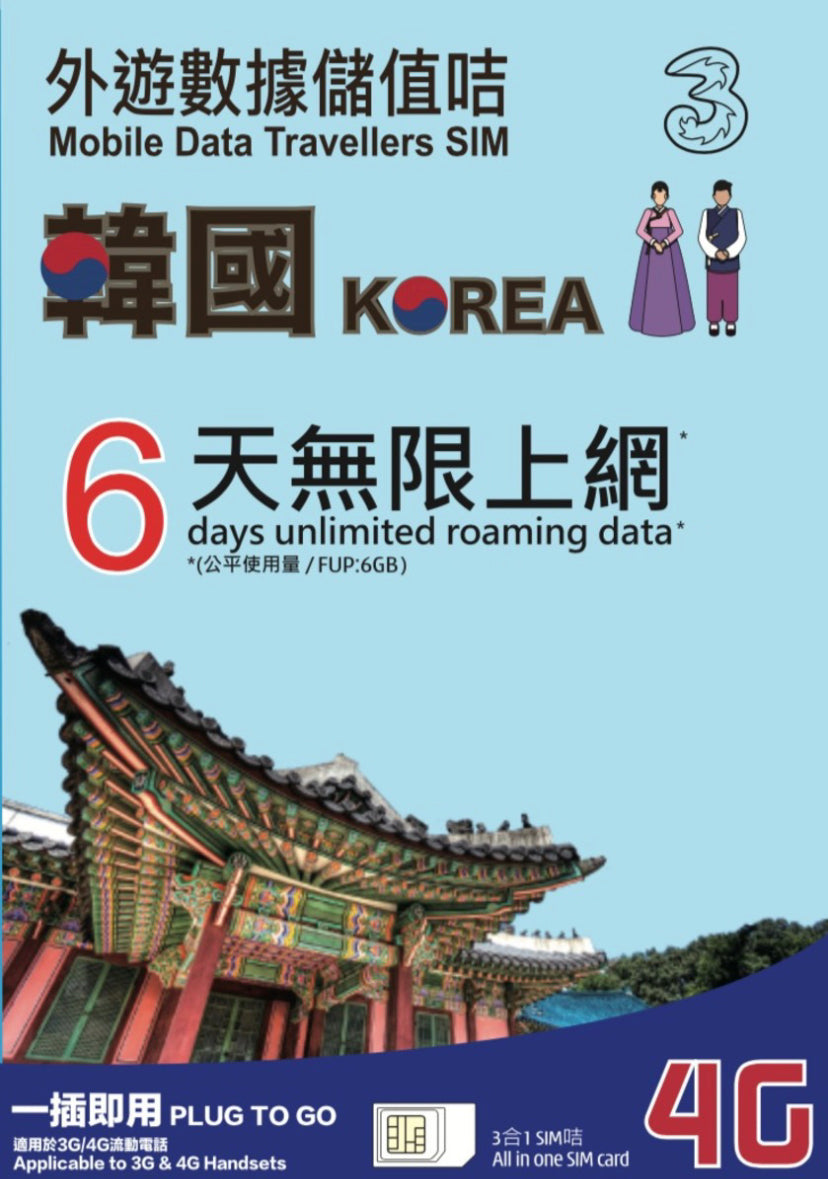 3HK South Korea 6 Days Unlimited Data – Travel Sim PH