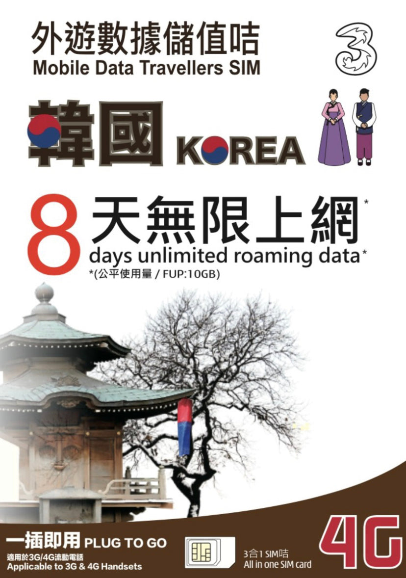 3HK South Korea 8 Days Unlimited Data – Travel Sim PH